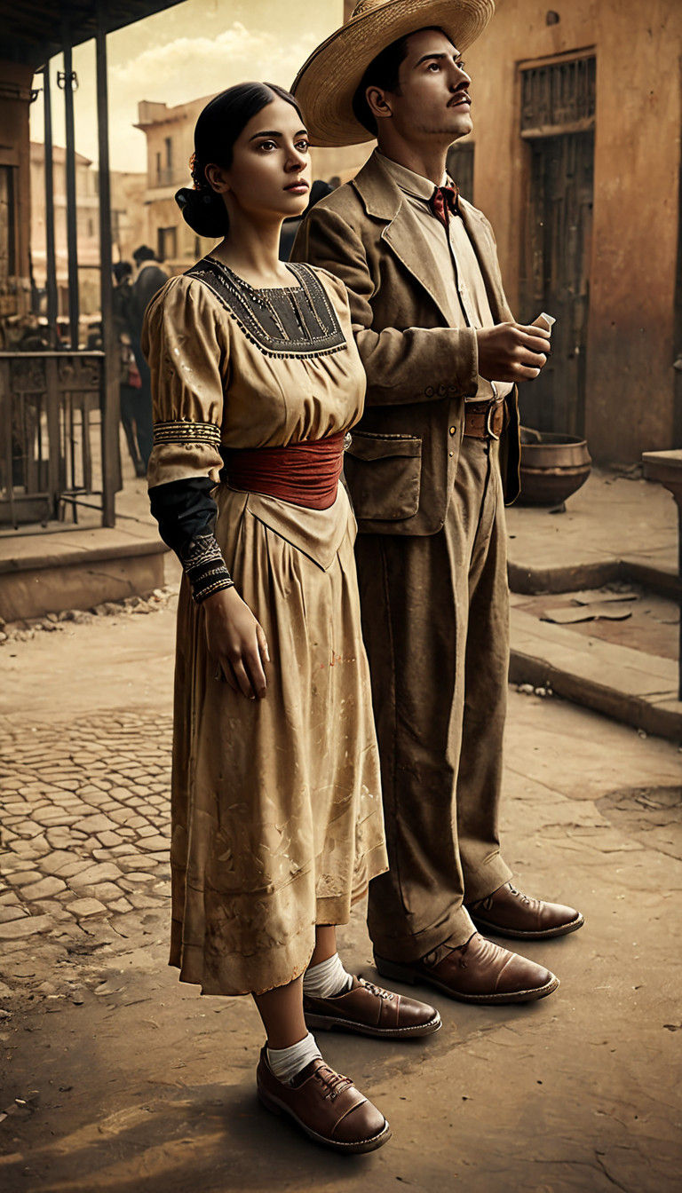 Mexican Couple in Traditional Attire against a War... - AI Art