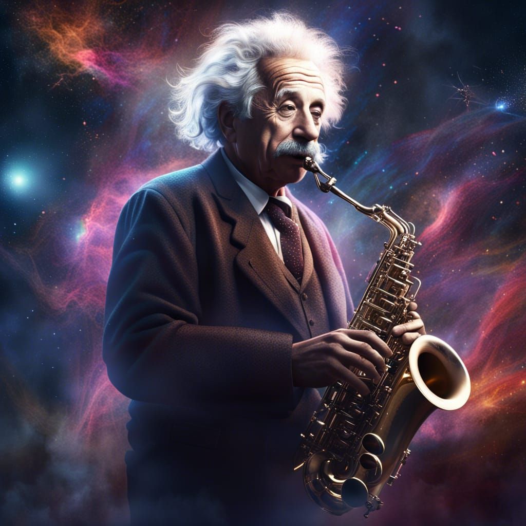 Albert Einstein playing the cosmic saxophone, smoky, space, foggy ...