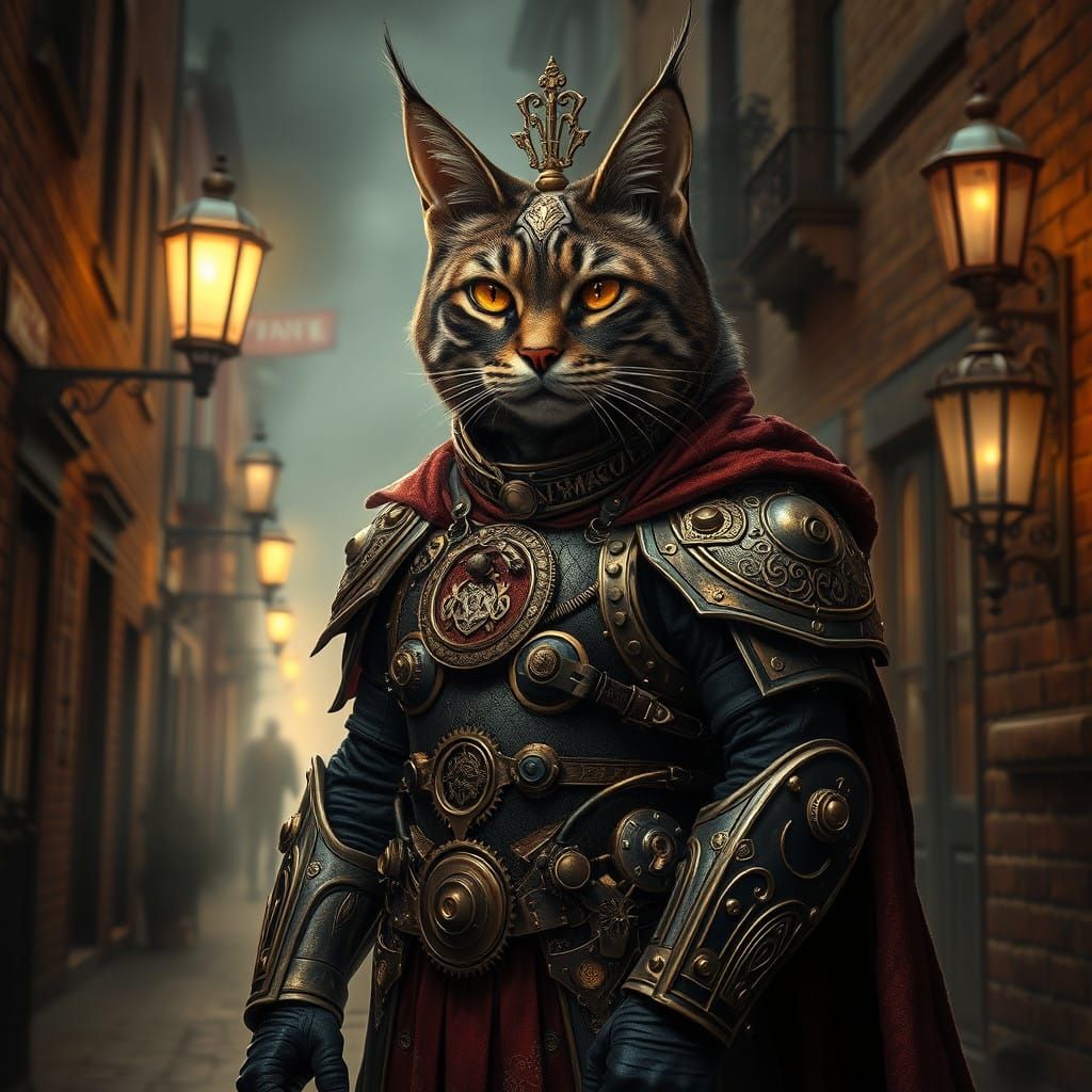 Regal Steampunk Cat in Victorian Alleyway - AI Art