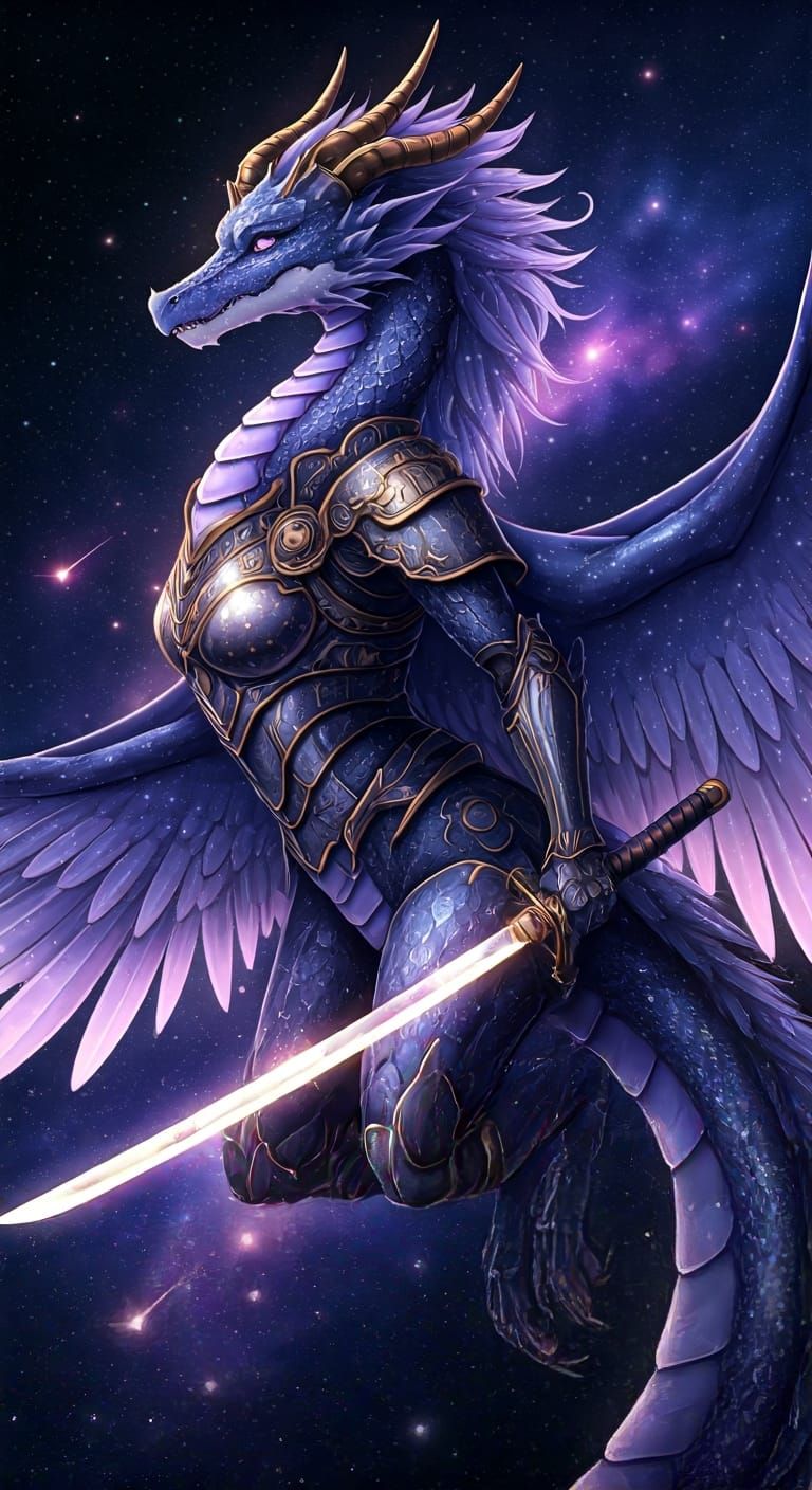 A celestial dragon-woman with iridescent, stardust scales, wears ...