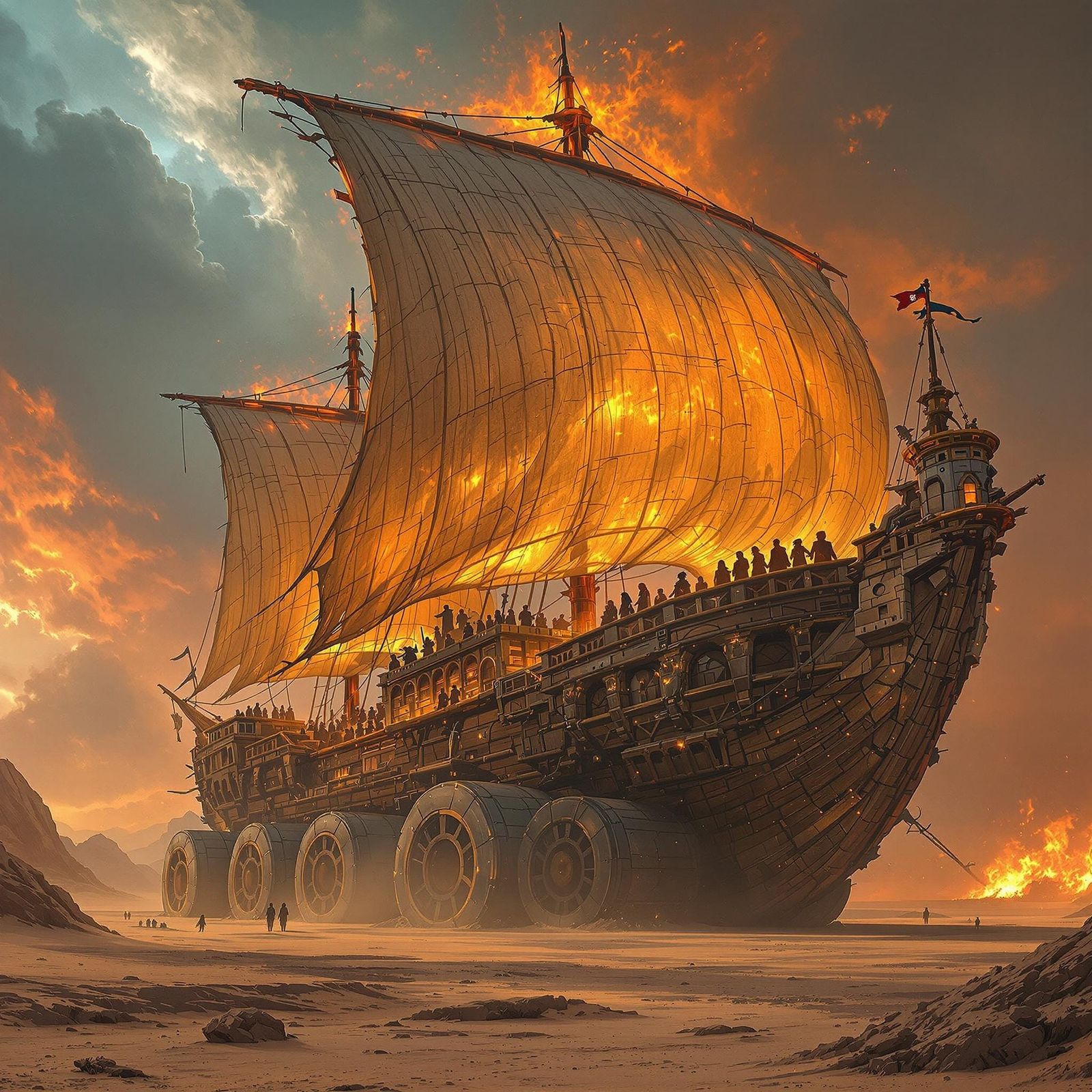A colossal pirate ship sailing the desert