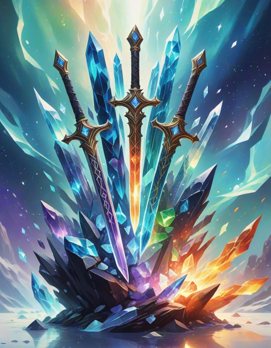Crystal Swords in Celestial Harmony, Iridescent Co... - AI Art