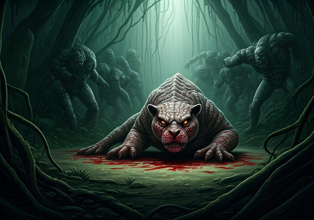 Aggressive Monkeys Charge a Wounded Gorilla in a D... - AI Art