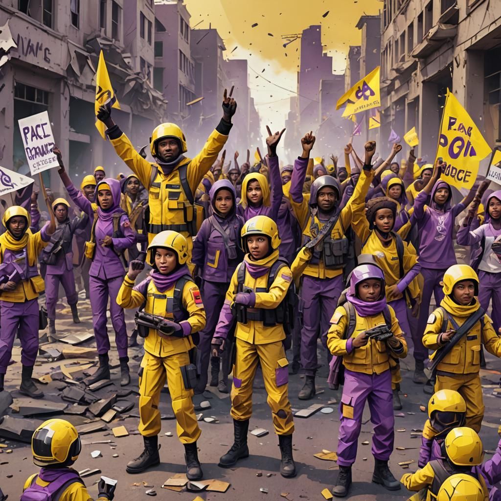 A man and woman soldiers wearing a yellow and purple soldier suit, with ...