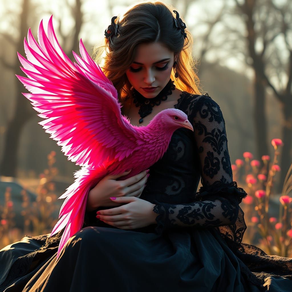 A witch and her familiar! - Gothic Woman Cradling Winged Cr...