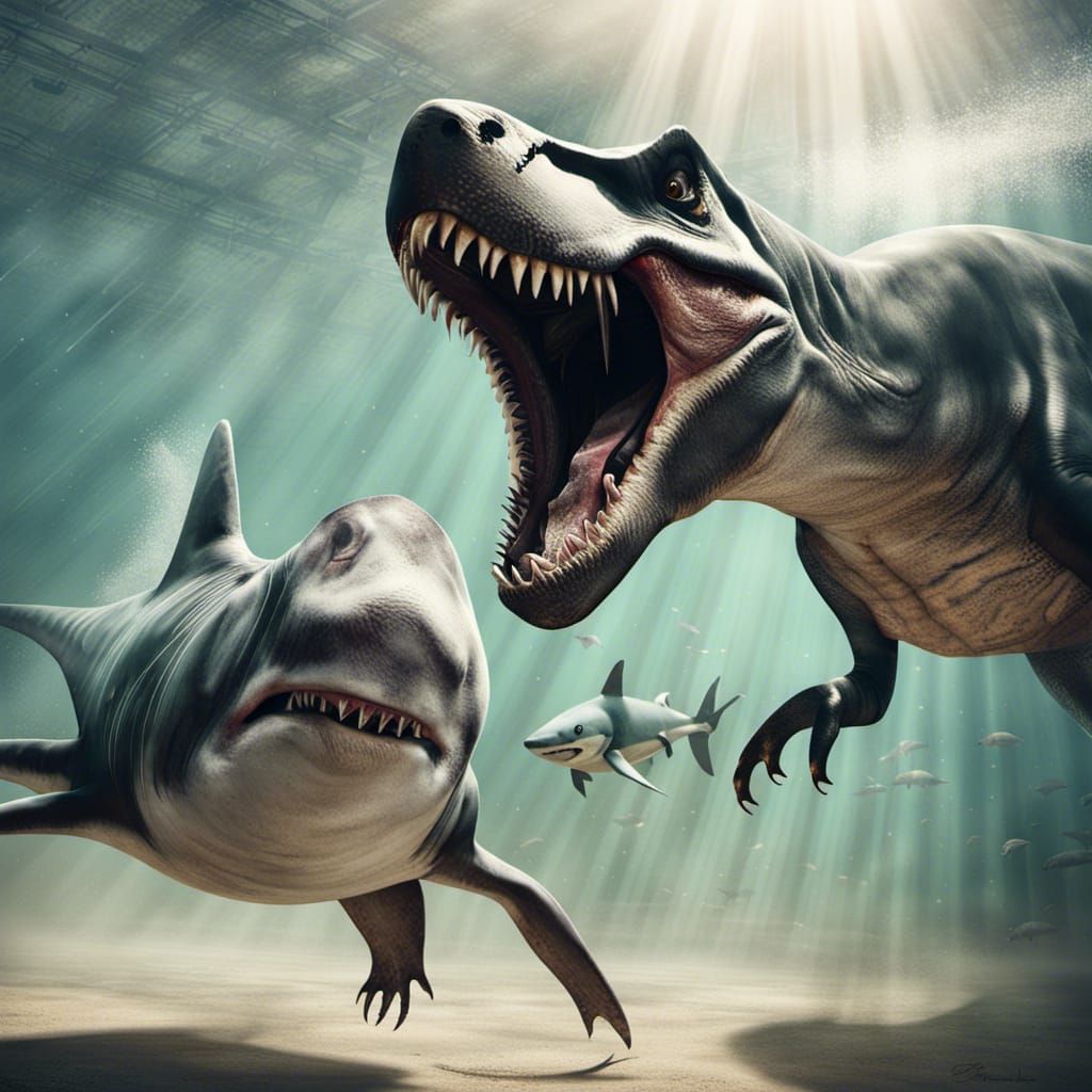 A T-Rex faces off against a great white shark, the two about to begin ...