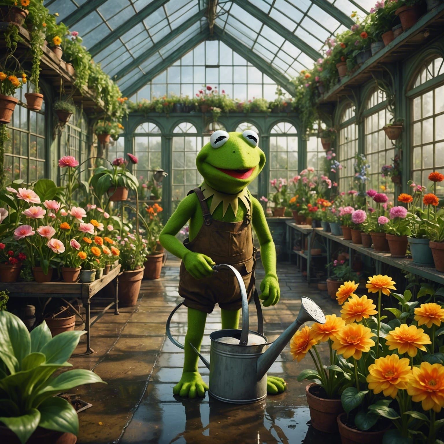 Kermit waters the flowers with a watering can in an old-fashioned ...