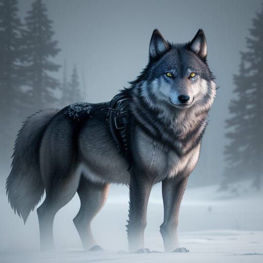 Grey Wolf Runs Through Snowy Field in Futuristic L... - AI Art