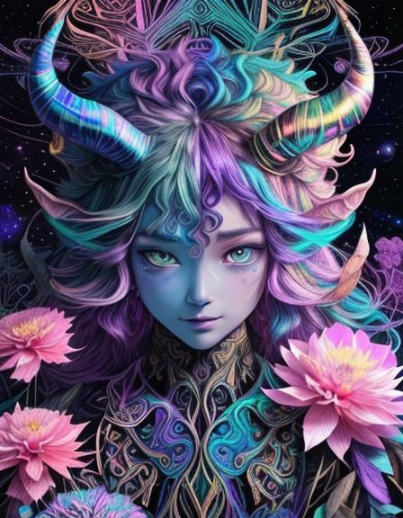 (Hyper detailed psychedelic close up 2/3 face angle with lots of ...