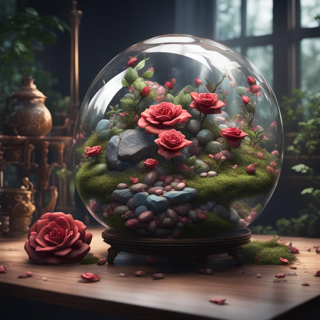 Terrarium with mini roses detailed matte painting, deep color ...