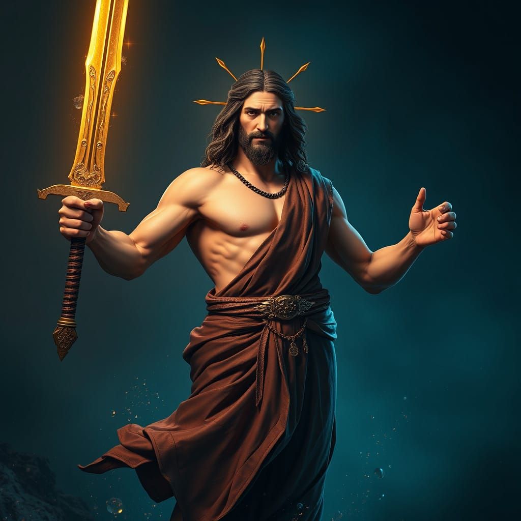 Muscular Jesus Christ Wields Golden Sword in Fanta... - AI Art