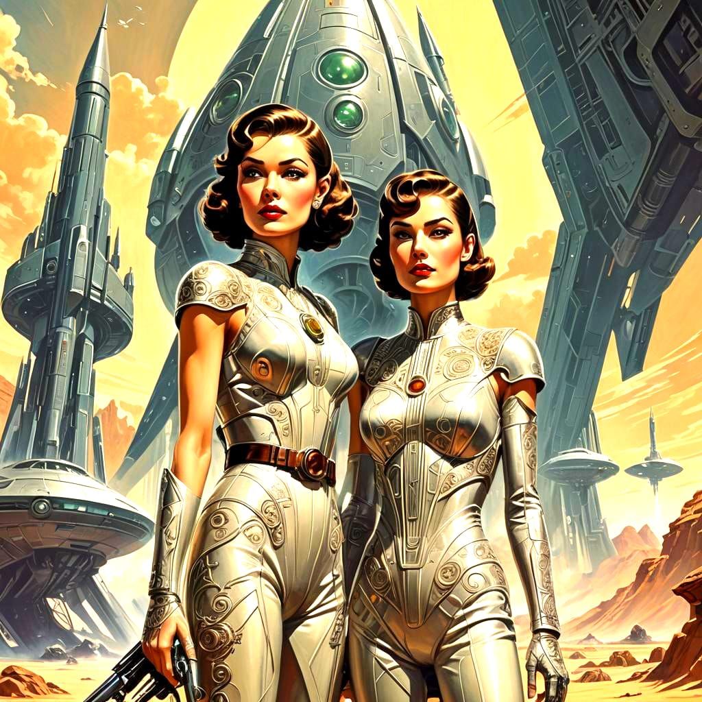 Vintage Science Fiction Heroes Face Alien Danger o... - AI Art