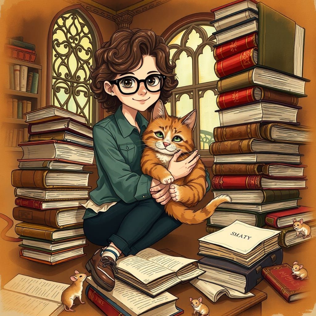 A charming, bespectacled young woman with curly brown hair in libraries ...
