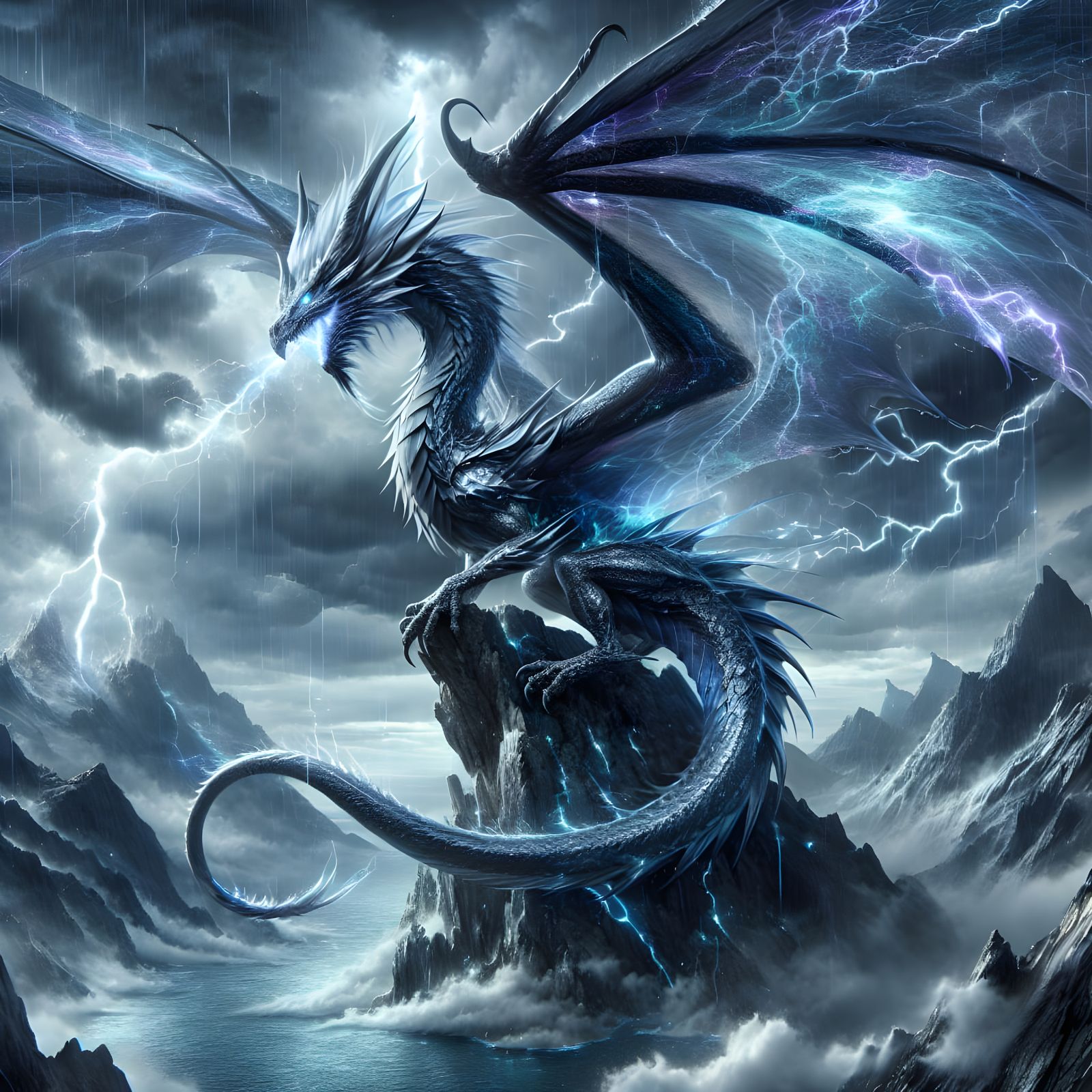 A majestic storm dragon perched atop a craggy mountain peak