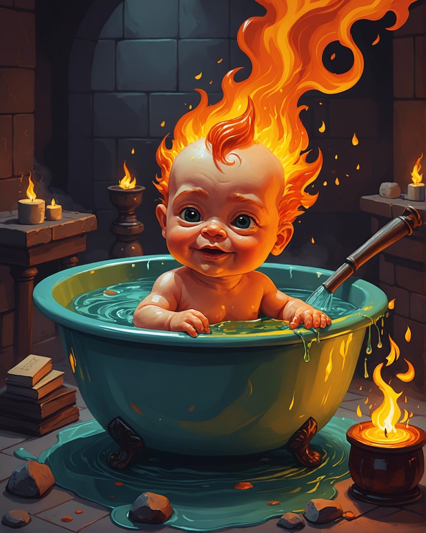 Fire baby enjoying his brimstone bath - AI Generated Artwork ...