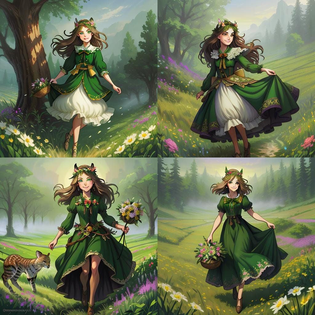 Dnd, half dryad, brunette, green eyes, full body, dress, smile, flowers ...