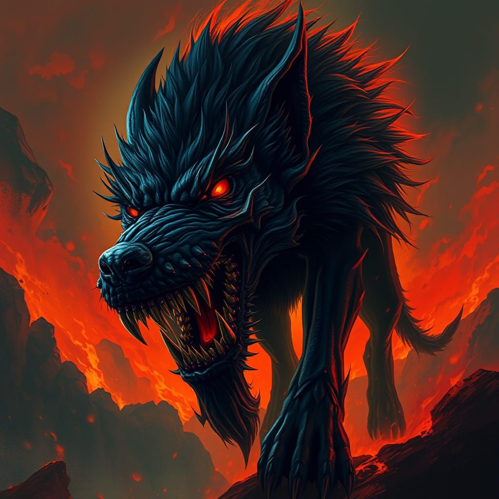 hellhound - Demonic Canine Beast in Fiery, Gothic Landscape