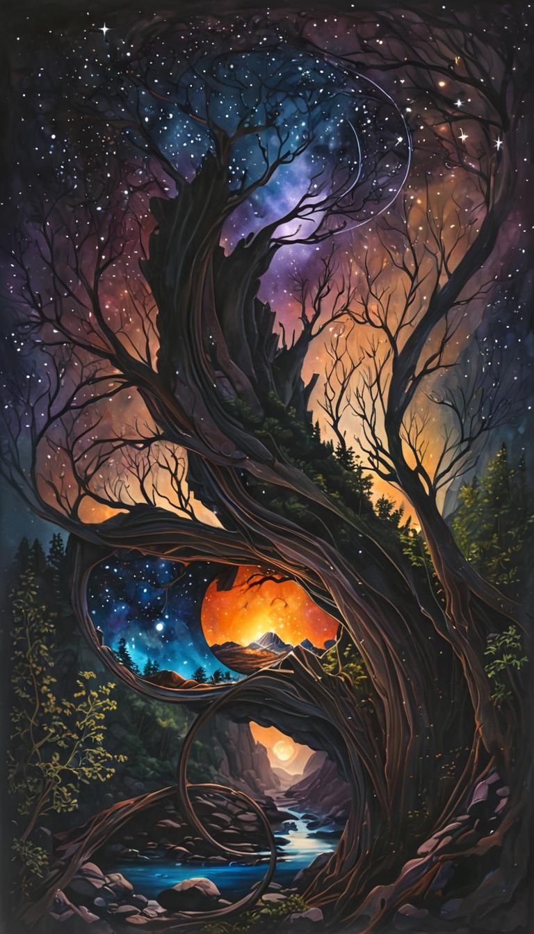 Inverted alternative reality and nature in a hollow shapes behind a ...