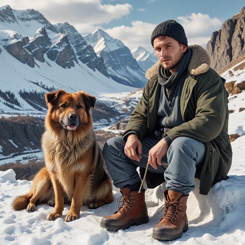 Winter Scene of Slavic Man with Shepherd Dog in Ma... - AI Art
