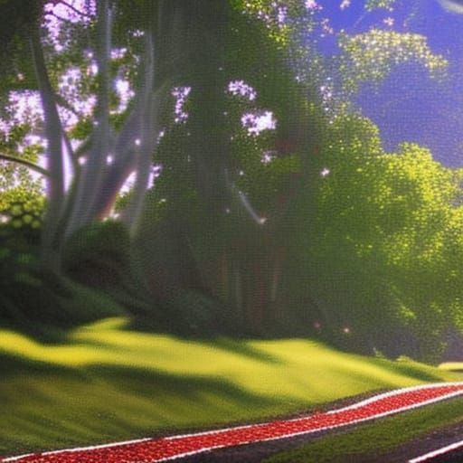 A dirt racing path through a green meadow with red and yellow flowers ...