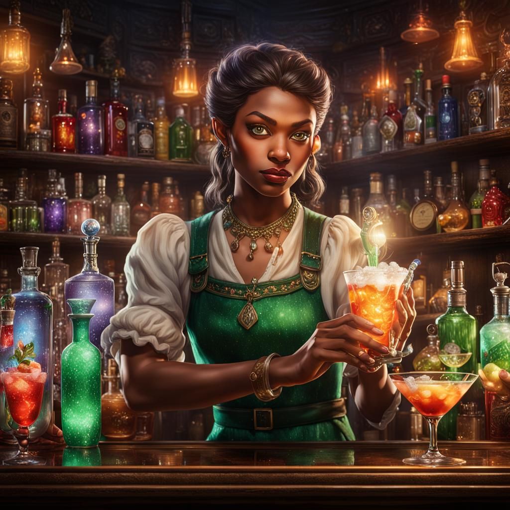 A captivating image of a skilled, exotic barkeeper, a female elf ...