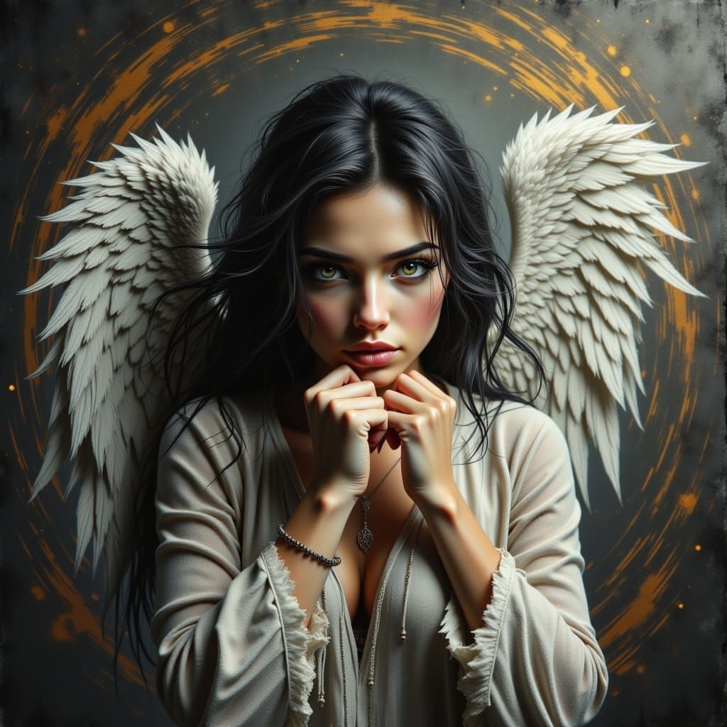 Surreal Angel of Ancient Gold Kneels in Despair - AI Art