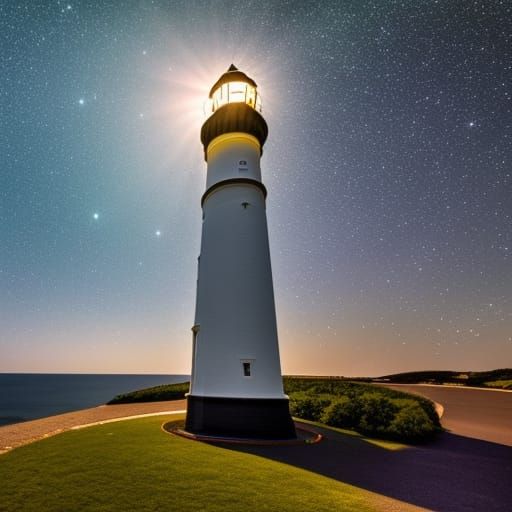 ultrarealistic stunning view of a lighthouse and a sky full of stars, infinity, Professional ...