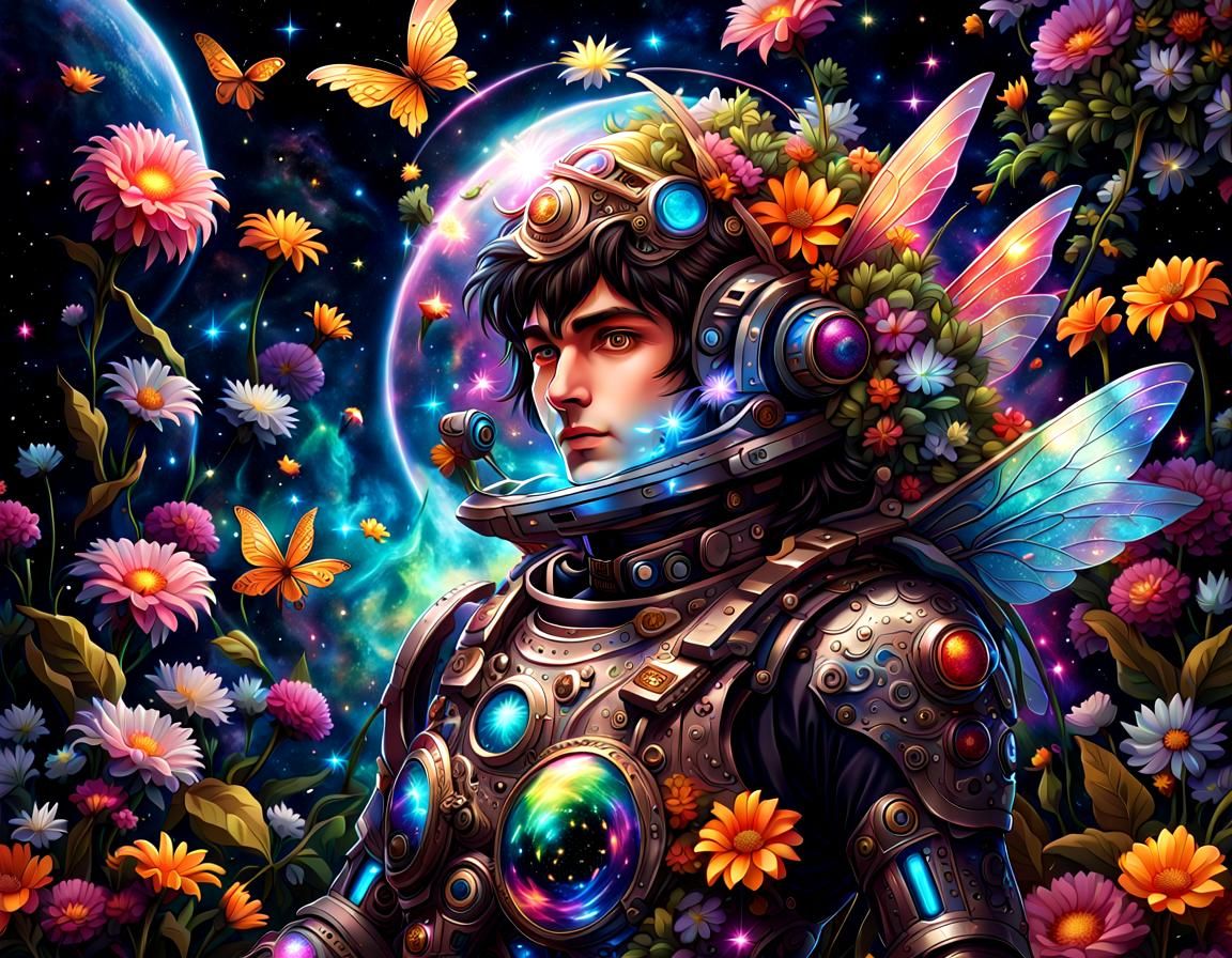 (hyper detailed shiny artwork of a floating handsome fairy with ...