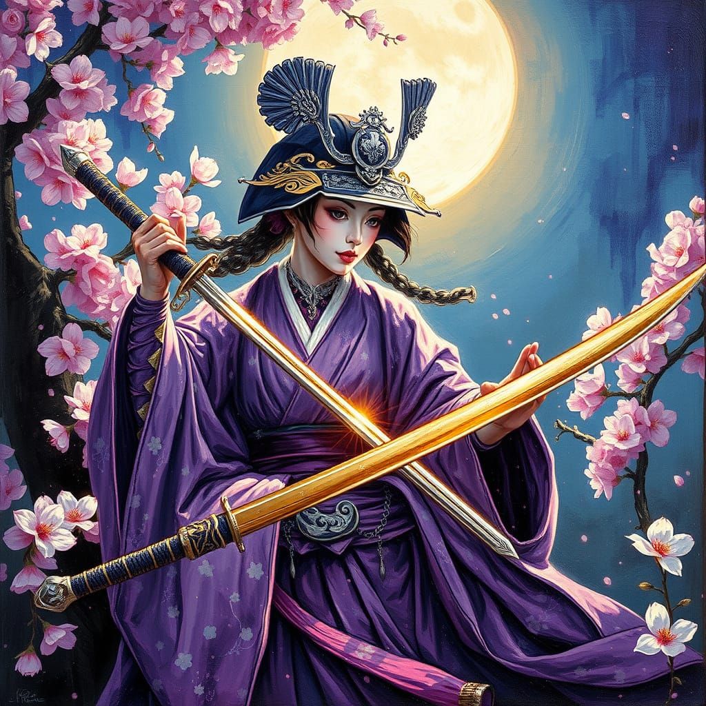 Japanese Samurai Queen in Vibrant Violet and Gold ... - AI Art