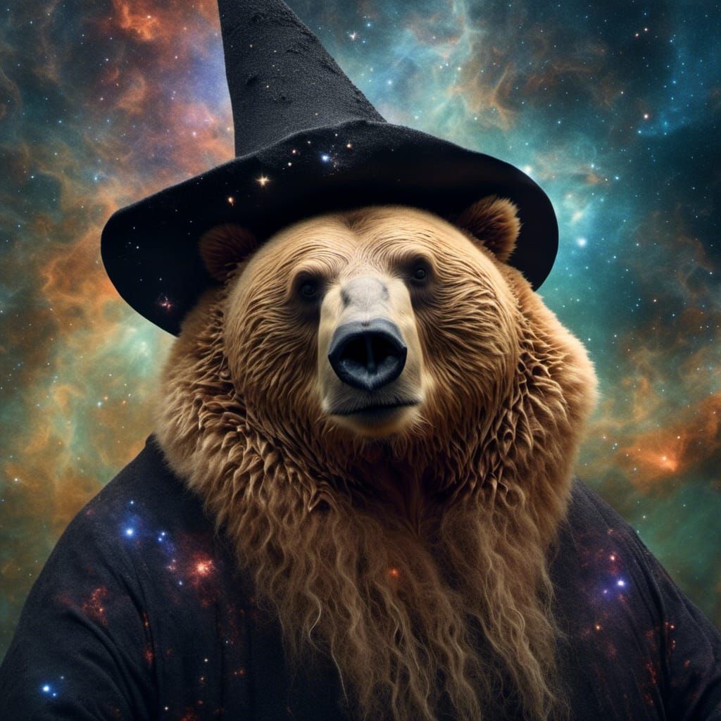 Microphotograph Portrait: "Obese Wizard Bear", wearing a witch-hat ...
