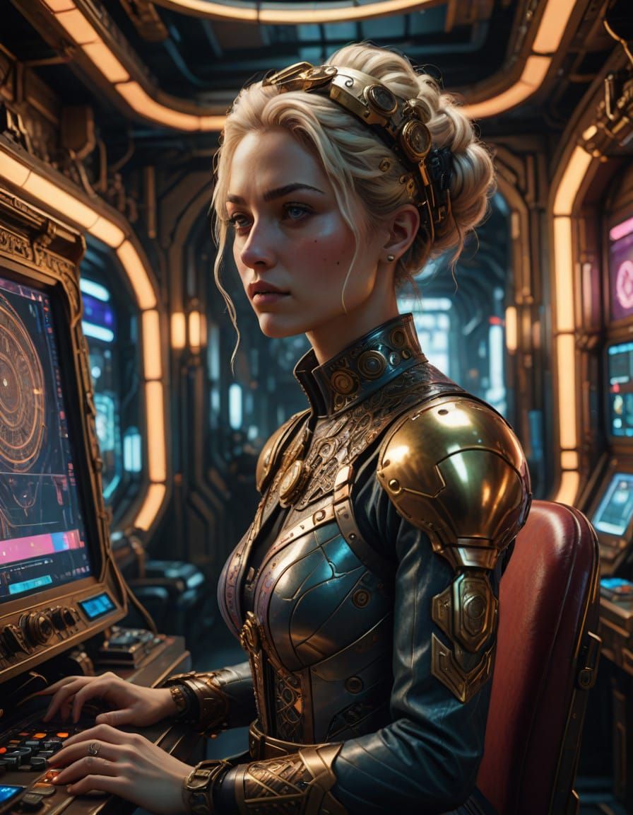 Baroque cyber punk concept art. Medium shot. A cute white mouse is ...