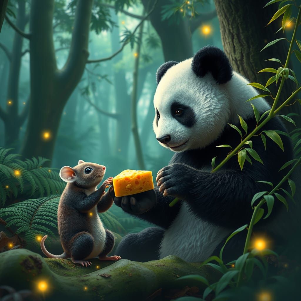 Gentle Panda and Quick-Witted Mouse Trade in a Vib... - AI Art
