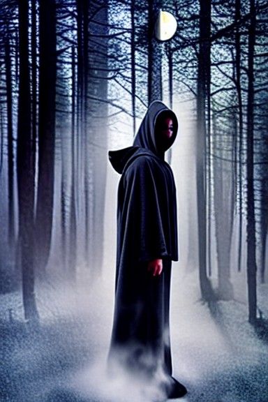 Portrait Hooded God, clothes made of mist, moon, forest, skulls on ... Portrait Hooded God, clothes made of mist, moon, forest, skulls on ...