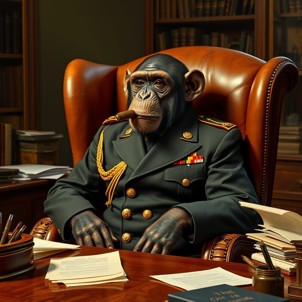 Dignified Chimpanzee in Military Uniform, Smoking ... - AI Art