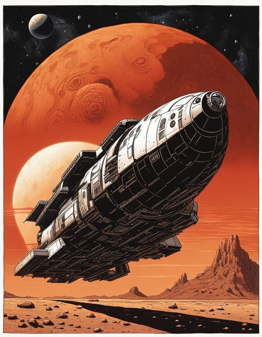 Spaceship over Mars - Sleek Metallic Spaceship Dominates Cri...