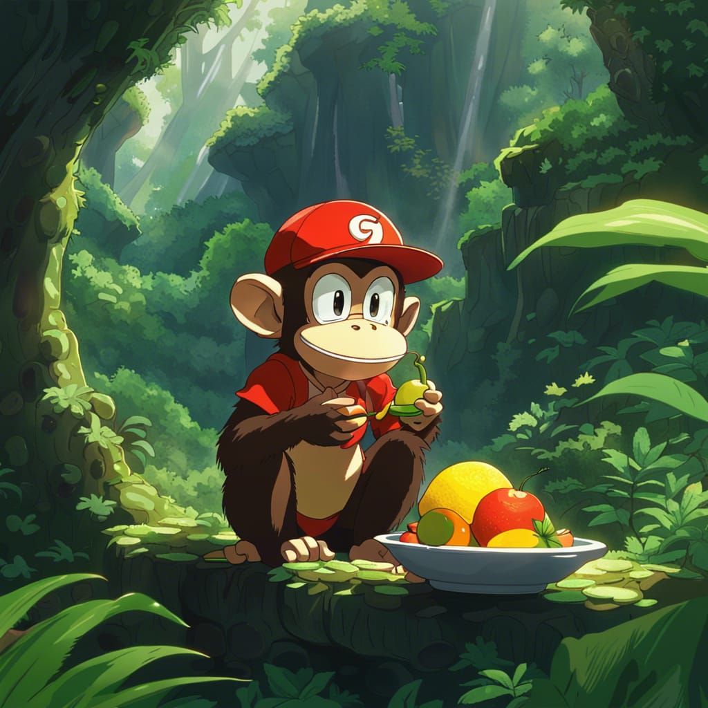 Anime Diddy Kong with a fruit bowl in the middle of a jungle. - AI ...