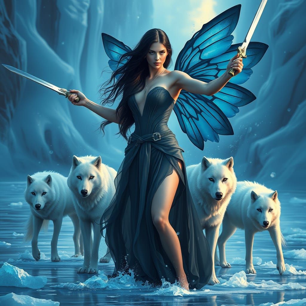 Ethereal Goddess Wields Swords on Frozen River wit... - AI Art