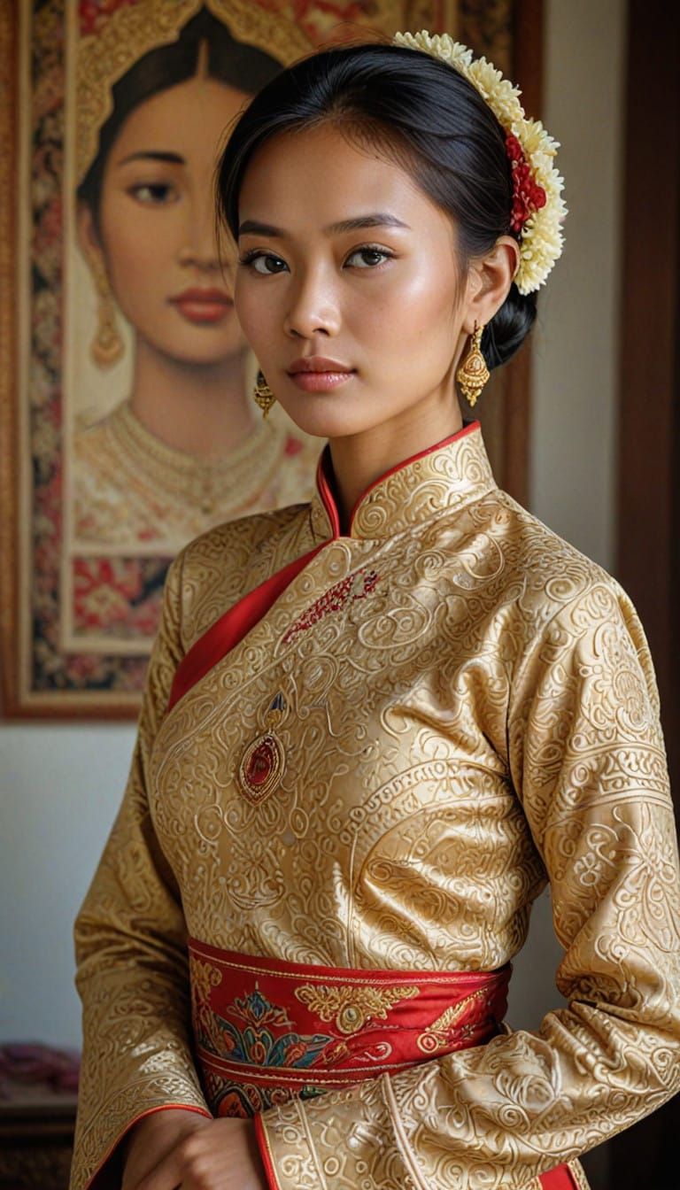 Burmese Beauty in Elegant Longyi and Htamein - AI Art