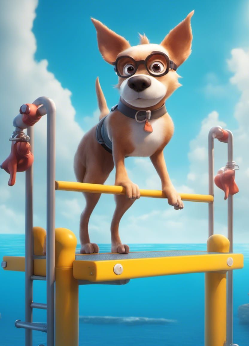 anthropomorphic dog in Speedos stands on end of 10-meter diving ...