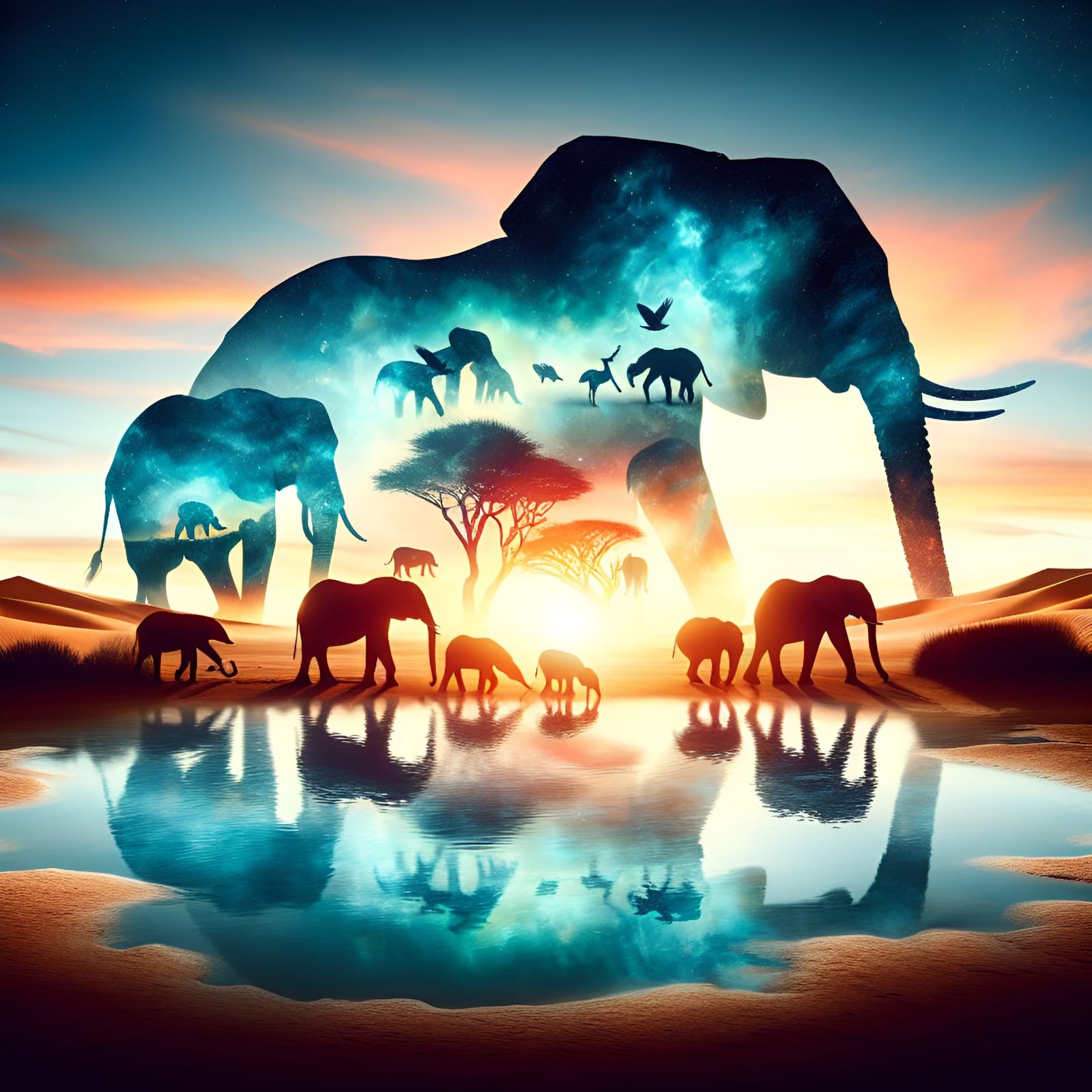 A photorealistic, vibrant color, double exposure image of a family of ...