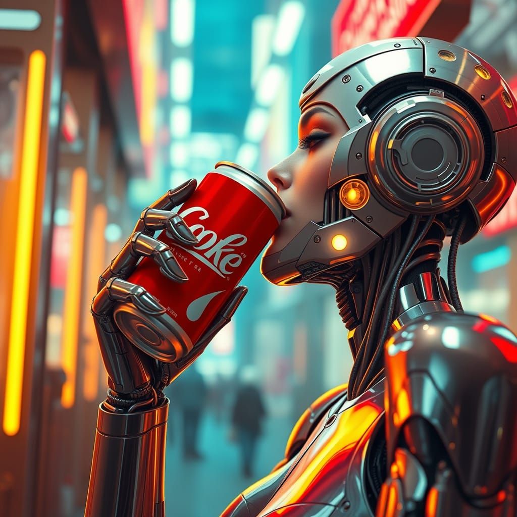 An elegant beautiful Cyborg drinks coke at robotic coke station.