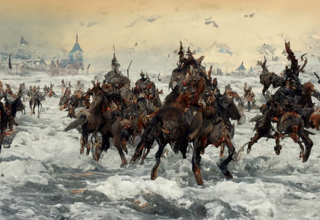 Horde of mounted warriors from the steppes galloping over a frozen ...