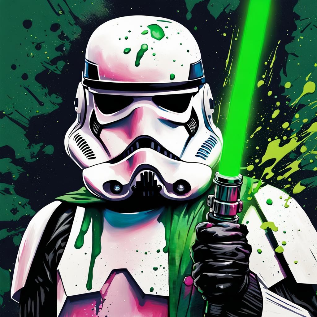 stormtrooper armour holding a green lightsaber looking angry - AI ...