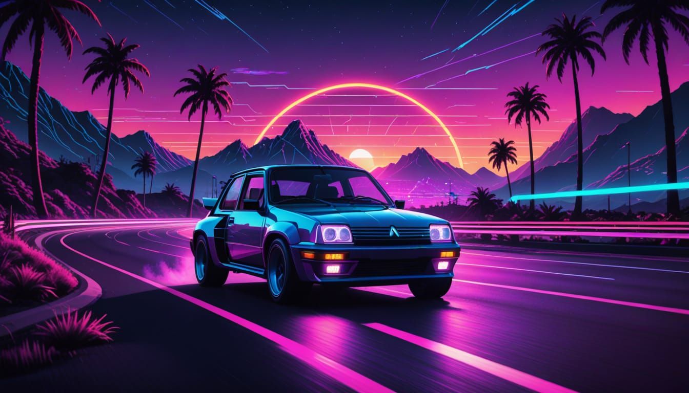 80's legendary Renault 5 Turbo in a Synthwave style synonymous with the 80s