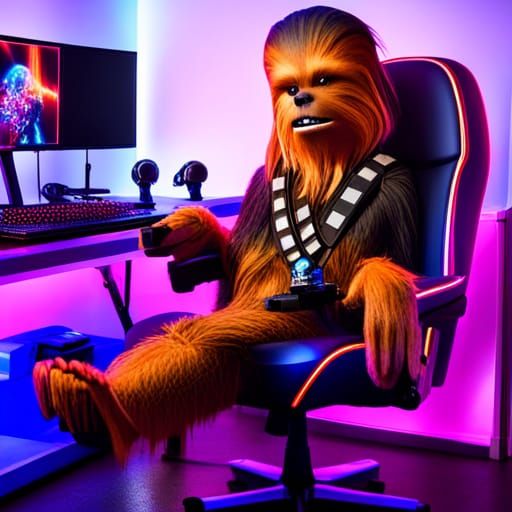 Chewbacca sitting in a gaming chair, at a gaming desk, with colorful lights and a gaming monitor ...