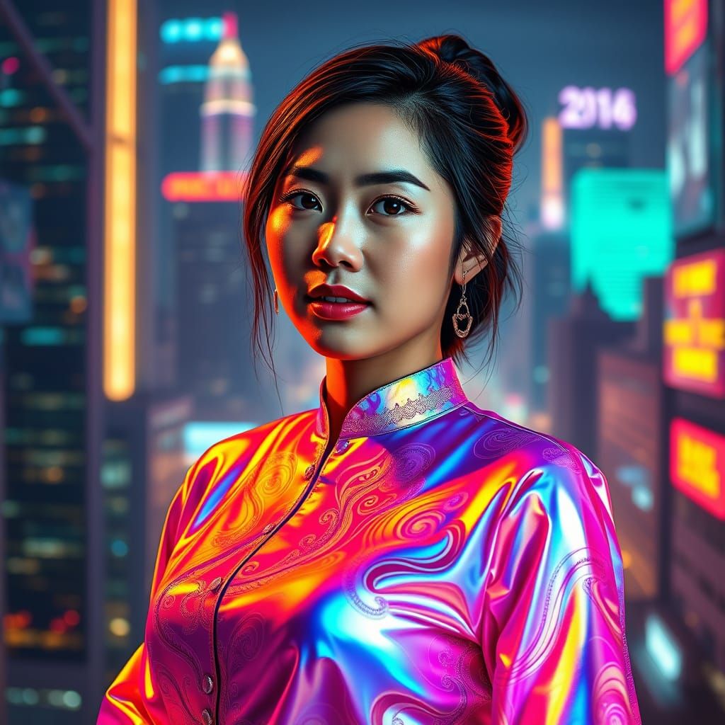 Malay woman in a futuristic cityscape