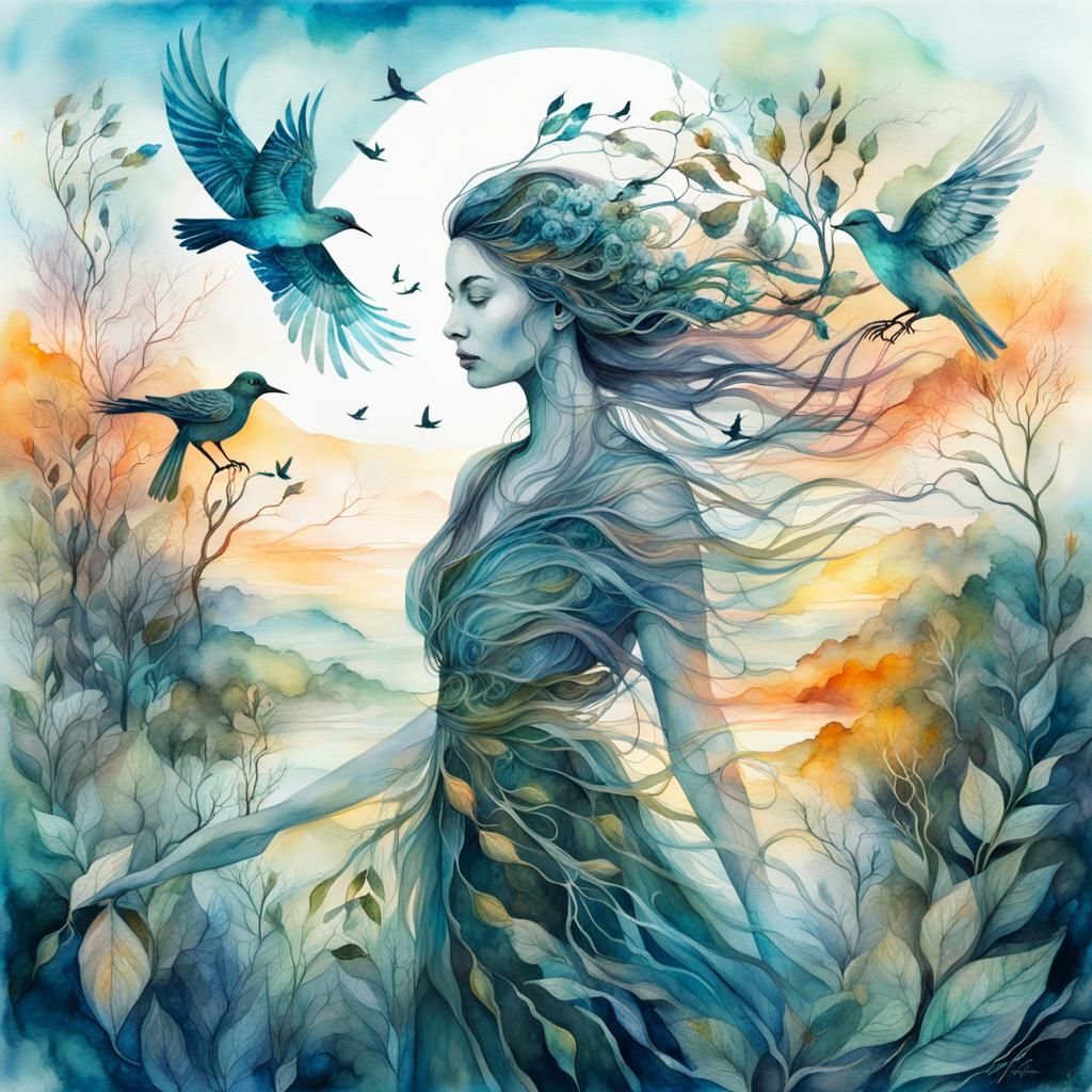 double exposure illuminated surreal ethereal landscape. pretty happy ...