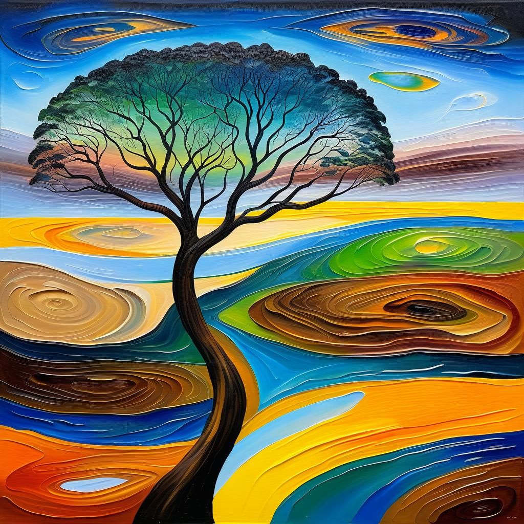 An oil painting depicting the life cycle of a tree . Artwork that ...