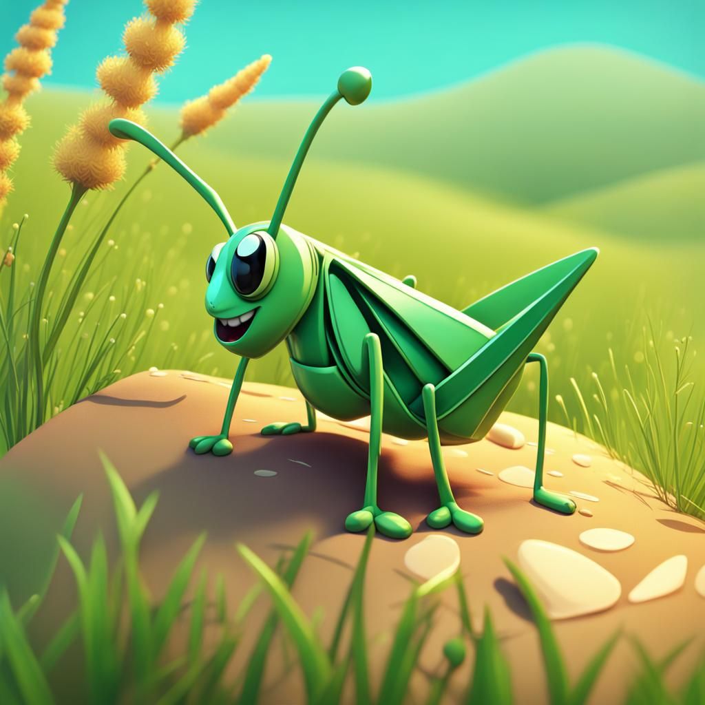 Grasshopper on a small hill in a grassy field, style of cartoon ...