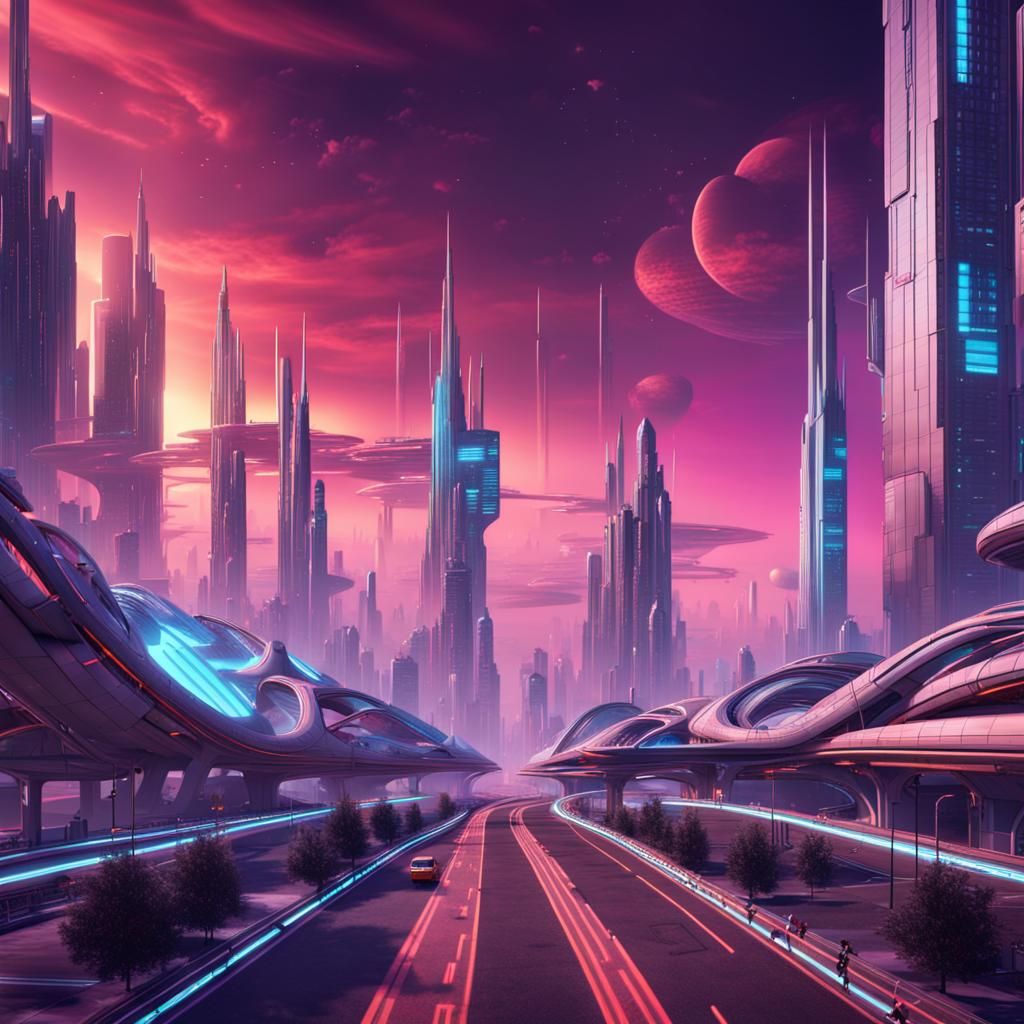 25th century futuristic city with roadways in the sky, neon glow sky ...
